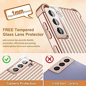 PTUONIU Kickstand Case for Samsung Galaxy S21 5G, [Two-Way Stand] [Reinforced Drop Protection] [Anti-Scratch] Slim Shockproof Stand Case with Camera Protector+Silicone Strap for Samsung S21- Gold