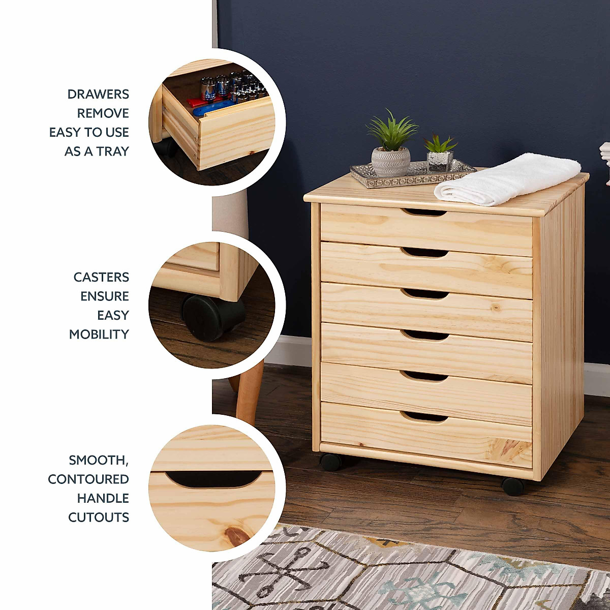 Linon Callie Multipurpose Six Drawer Dresser Wide Wood Rolling File Cabinet Storage Cart in Natural