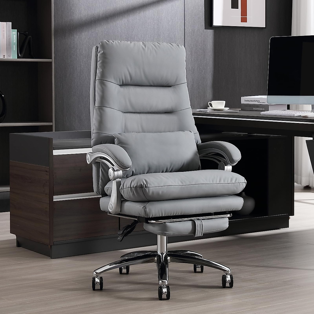 BOWTHY Office Chair with Foot Rest - High Back Executive Chair with Padded Linkage Armrests, Reclining Desk Chair with Wheels, Comfy Chair with Double Thick Cushion (Gray)