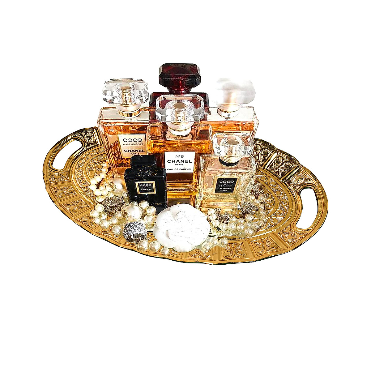 Turkish Tea Coffee Beverage Dinning Serving Tray Ellipse with Handled Ottoman Motif Decorative Middle Table Drink Serving Bathroom Oval Suitable for Gift Tray (14.1x8.2x1 INC) 35.8x20.5x2cm Gold