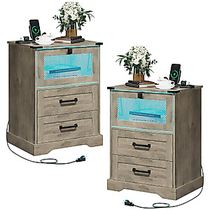 Hasuit Farmhouse Night Stand Set of 2 with LED Lights and Charging Station, Rustic Oak Nightstand with 2 Drawers, and Cubby with Wire Mesh Door, Bedside End Table for Bedroom