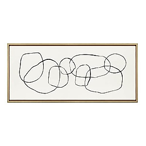 Kate and Laurel Sylvie Dancing Circles Framed Linen Textured Canvas Wall Art by Teju Reval of SnazzyHues, 18x40 Gold, Neutral Abstract Wall Decor
