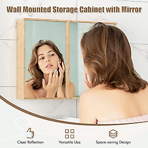 Giantex Medicine Cabinet, Bathroom Medicine Cabinet with Mirror, Reversible Double Door, 2 Adjustable Shelves, Bamboo Vanity Mirror Cabinet for Entryway, Living Room, Bathroom Wall Cabinet, Natural