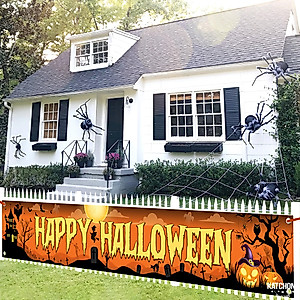 KatchOn, Happy Halloween Banner for Outdoor - 120x20 Inch | Orange and Black Happy Halloween Yard Banner | Happy Halloween Yard Sign for Halloween Yard Decorations | Halloween Banners for Outside