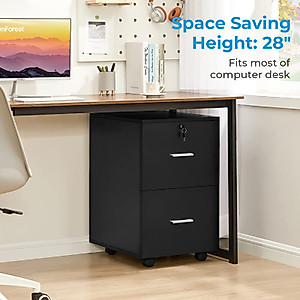 GreenForest File Cabinet 2 Drawers Wooden Vertical Filing Cabinet with Lock Rolling Mobile Office Pedestal File Cabinet for Hanging File Folders Home Office Storage Cabinet, Black