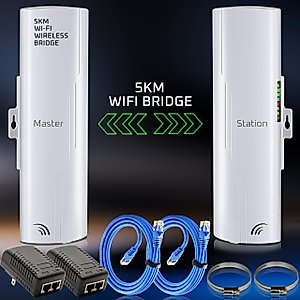Wireless Bridge Point to Point Outdoor WiFi, Wireless Network Expansion Kit, Long Range High Speed 5G | 2 Units Bridge Kit Complete Pre-Configured - P2P 1000Mbps 5Km(2Pack)