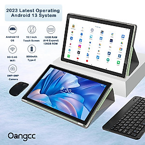 Oangcc Android 13 Tablet 10 Inch 2024 Latest with 12GB(6+6 Expand)+128GB Keyboard Mouse WiFi Bluetooth GPS 512GB Expand Support, Dual Camera Computer Tablets with Case - Green
