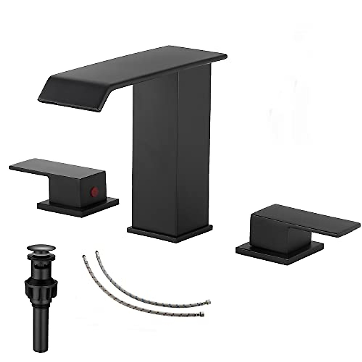 Waterfall Bathroom Faucet Matte Black Widespread GGStudy 3 Holes 2 Handle Black Modern Bathroom Sink Faucet with Pop Up Drain