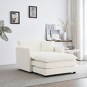 WILLIAMSPACE 41" Single Sofa Chair with Moveable Ottoman, Modern Upholstered Armchair with 1 Toss Pillow, Accent Chair for Living Room Deep Seat Reading Sofa for Bedroom, Chenille (Cream White)