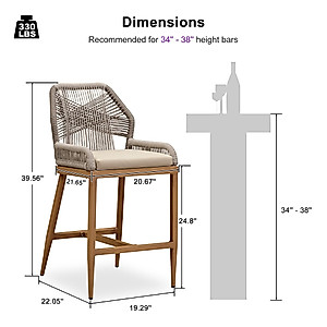 PURPLE LEAF Patio Sunbrella Counter Height Bar Stools 24" H Set of 2 Modern Rattan Bar Chairs Aluminum Stool Outdoor Wicker Barstools with Back and Cushion for Garden Kitchen Island