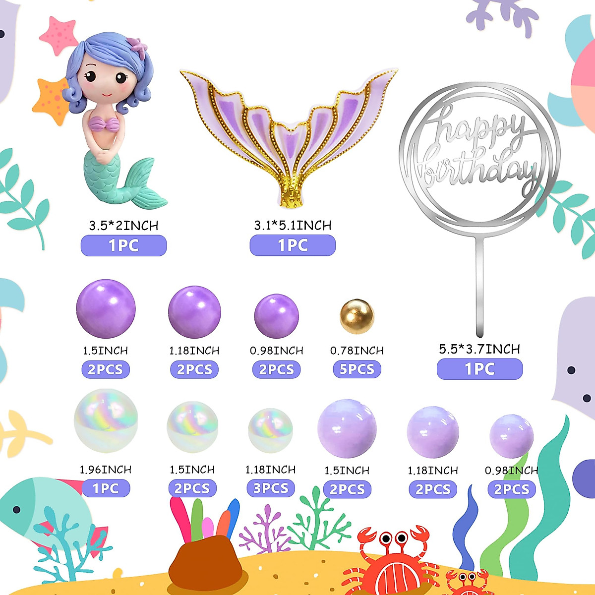 Mermaid Cake Toppers Under the Sea Mermaid Tail Cake Decorations Gold Purple Pearl Ball for Girl Kid Birthday Party Mermaid Theme Party Baby Shower Supplies (Style 2)
