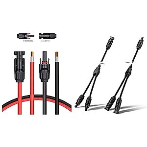 BougeRV 20Ft 10AWG Solar Extension Cable and 1 Pair of Solar Y Branch Parallel Connectors, Included Extra Free Pair of Connectors, 20Ft Solar Extension Cable Connector Kit Made of Pure Copper