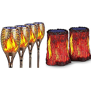TomCare Solar Lights Outdoor Upgraded Larger Size Flickering Flame Solar Stump Lights Outdoor Decorative Solar Lantern Waterproof Patio Lights Decoration Lighting for Deck Yard Garden Porch