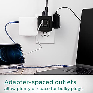 Philips 3-Outlet Extender with 2-USB Port Surge Protector, Charging Station, 245 Joules, Grounded Wall Tap, 3-Prong, 2.4 AMP/12 Watt, Space Saving Design, Black, SPP3202BC/37