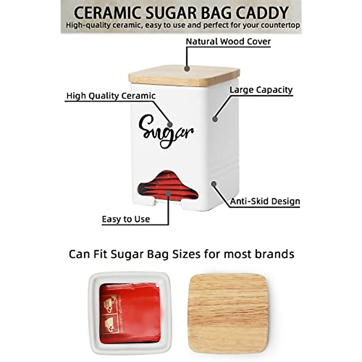 QUXIJA Ceramic Sugar Packet Holder, Farmhouse Tea Bag Storage Organizer Caddy Holder with Lid