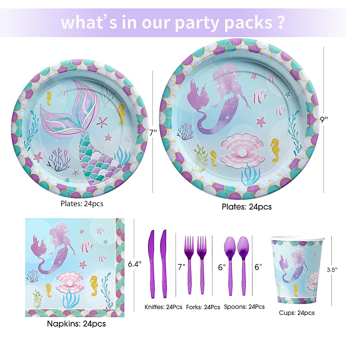 NAIWOXI Mermaid Birthday Decorations Tableware Girls - Mermaid Birthday Party Supplies, Paper Plates, Napkins, Cups, Cutlery, Little Mermaid Party Decorations For Baby Shower Birthday | Serve 24