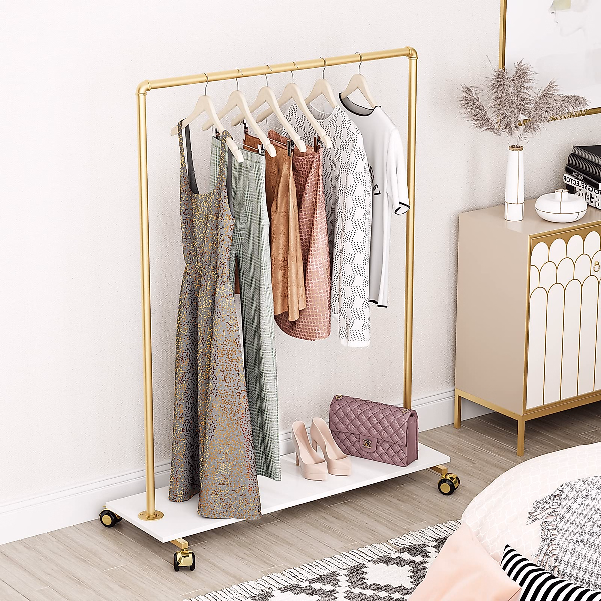 FONECHIN Gold Metal Clothing Rack with Wood Shelf, Heavy Duty Rolling Garment Rack with Wheels for Bedroom Retail Boutique Use (49.21L inches)