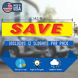 Versa Tags Windshield Slogan Stickers 12 Pack of Save Stickers 12 Pack of 3RD Row Seating Slogans 12 Pack of WE Finance Window Stickers (36) Dealership Stickers Red On Yellow