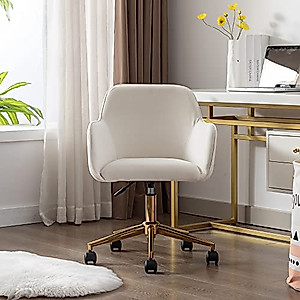 Modern Velvet Home Office Chair, Upholstered Cute Desk Chair with Gold Metal Legs, Adjustable Swivel Task Chair with Wheels, Vanity Chair for Girls Women Small Space Bedroom Study Makeup, Ivory White