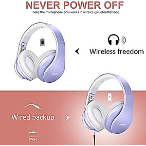 ZIHNIC Bluetooth Headphones Over-Ear, Foldable Wireless and Wired Stereo Headset Micro SD/TF, FM for Cell Phone,PC,Soft Earmuffs &Light Weight for Prolonged Wearing (Purple)