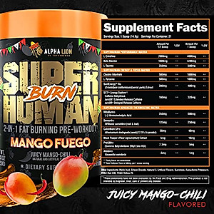 ALPHA LION Superhuman Burn 2-in-1 Metabolism Booster Pre Workout, Weight Loss Supplement, Appetite Suppressant, Fat Loss Support, Energy & Focus Powder (21 Servings, Mango Chili Flavor)
