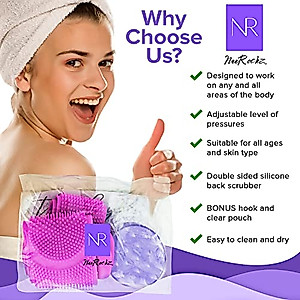 NeeRockz - Silicone Body Scrubber and Scalp Massager Set, 3-Inch Scalp Exfoliator and Dual-Sided 31.5-Inch Back Scrubber for Shower, Ergonomic Hair Massager and Bath Scrubber