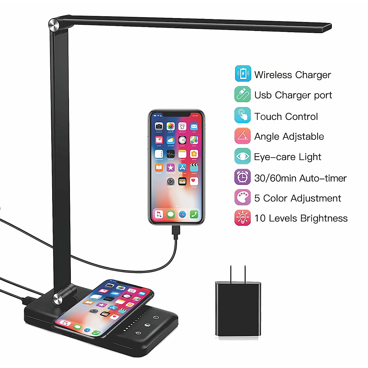 Enwar LED Desk Lamp| Multifunctional Touch Lamp| Wireless Charging Pad| 5 Lighting Modes with 5 Brightness Levels| Touch Control Dimmer |30/60 min Timer| Desk Lights for Home, Office, Bedroom