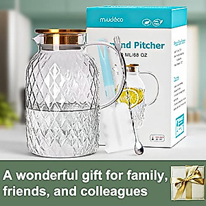 Glass Pitcher,68OZ/2 Liter Glass Pitcher with Lid,Iced Tea Pitcher,Juice Pitcher,Lemonade Pitcher,Pitchers for Drinks,Glass Water Pitcher (With Brush and Mixing spoon)