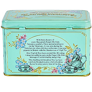 New English Teas Vintage Victorian Tea Tin with 40 English Breakfast Tea Bags, Forget Me Not Florals, Black Tea, Ceylon Tea, Mint Green British Tea Caddy