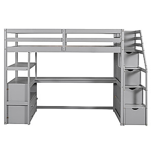 Twin Loft Bed with Stairs and Desk, Wood Loft Bed Frame with Storage Cabinet, High Loft Beds with Drawers & Shelf for Kids, Juniors, Teen, Boys, Girls, Gray