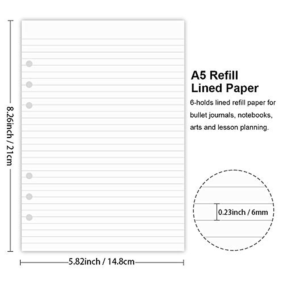 (3-Pack) A5 Lined Refills Paper for Filofax Planner/Binders/Organizer, 6 Hole Punched, Total 300 Sheets/600 Pages, 100gsm, White, 5.8 x 8.2 Inch