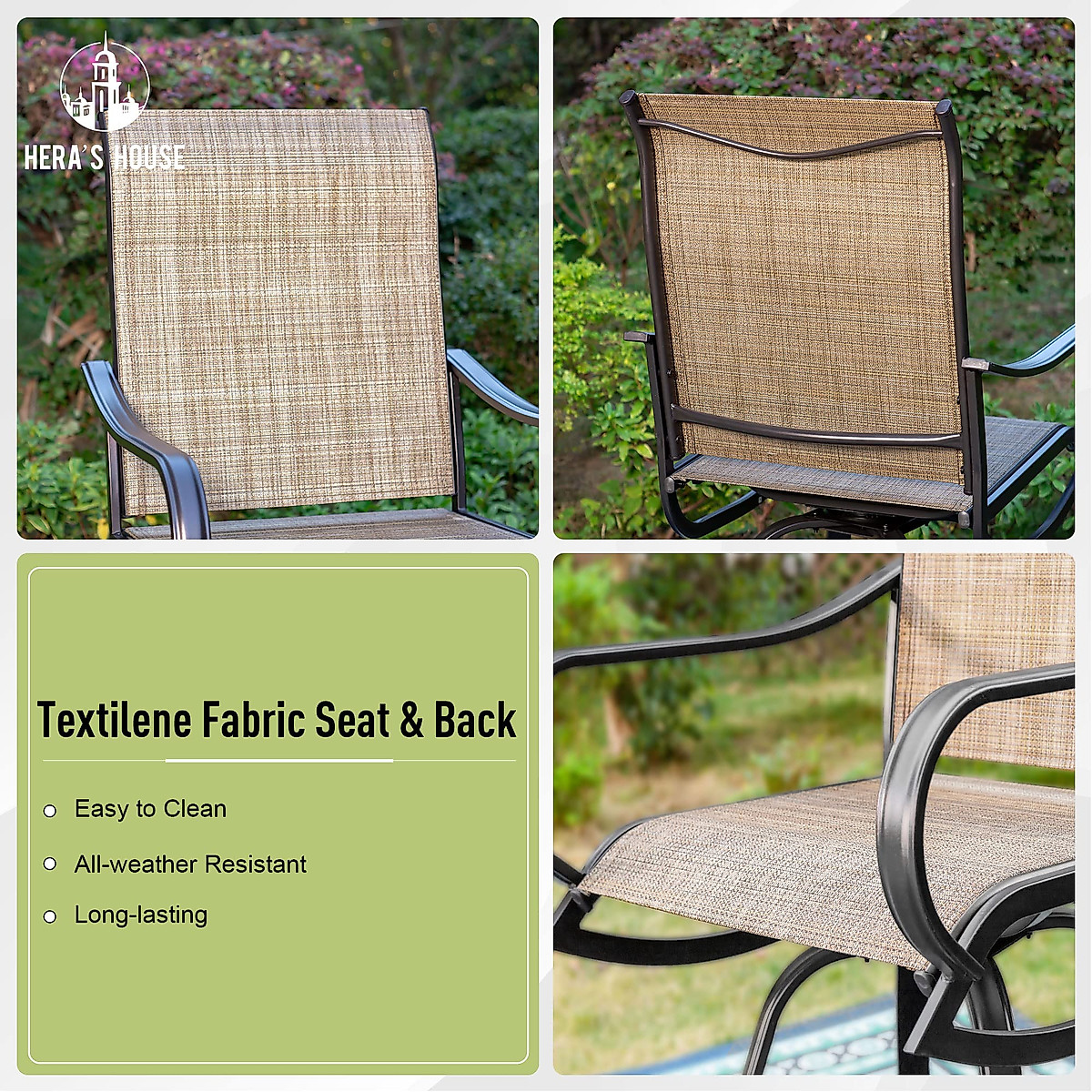 HERA'S HOUSE Outdoor Swivel Bar Stools, Counter Bar Height Patio Bar Stool Chairs with Solid Back & Armrest, All Weather Textilene Sling Fabric Chair for Deck Lawn Garden