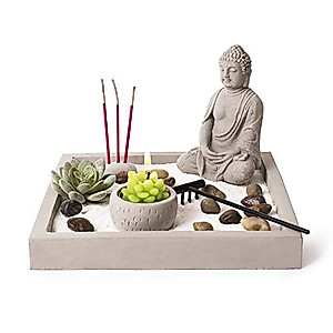 Cement Zen Garden – All-in-One Miniature Rustic Garden – Artificial Sculpture Made from Resin and Concrete – Mini Set with Rocks, Sand, Candle and Incense Holder – Brilliant Home or Office Decoration