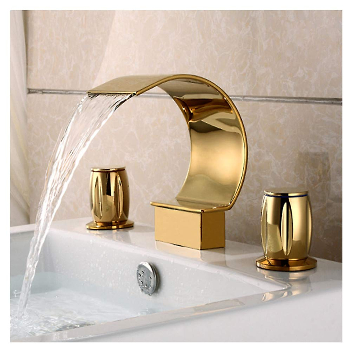 Sprinkle Elegant Waterfall Double Handle Bathroom Sink Faucet Arc Waterfall Spout Bathtub Filler Faucet with Three Holes Widespread Bathroom Faucet Gold