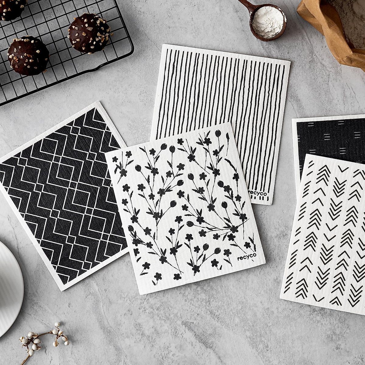 RECYCO Swedish Dishcloths for Kitchen | 5 Packs Geometric Washable Dish Rags | Cellulose Reusable Cleaning Paper Towels | Absorbent Counter Dish Cloth Sponge Kitchen Wipes, 8" L x 7" W