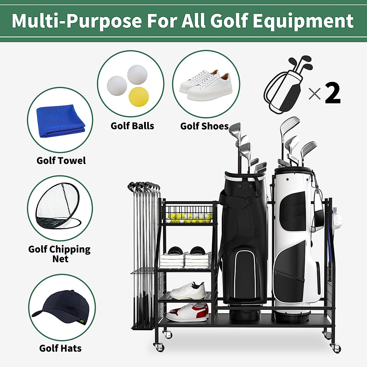HoneySky Golf Storage Organizer for Garage, Double Golf Bag Stand Storage Rack with Lockable Wheels, Extra Large Golf Organizer for Golf Clubs and Golf Accessories, Ideal Gifts for Golfer