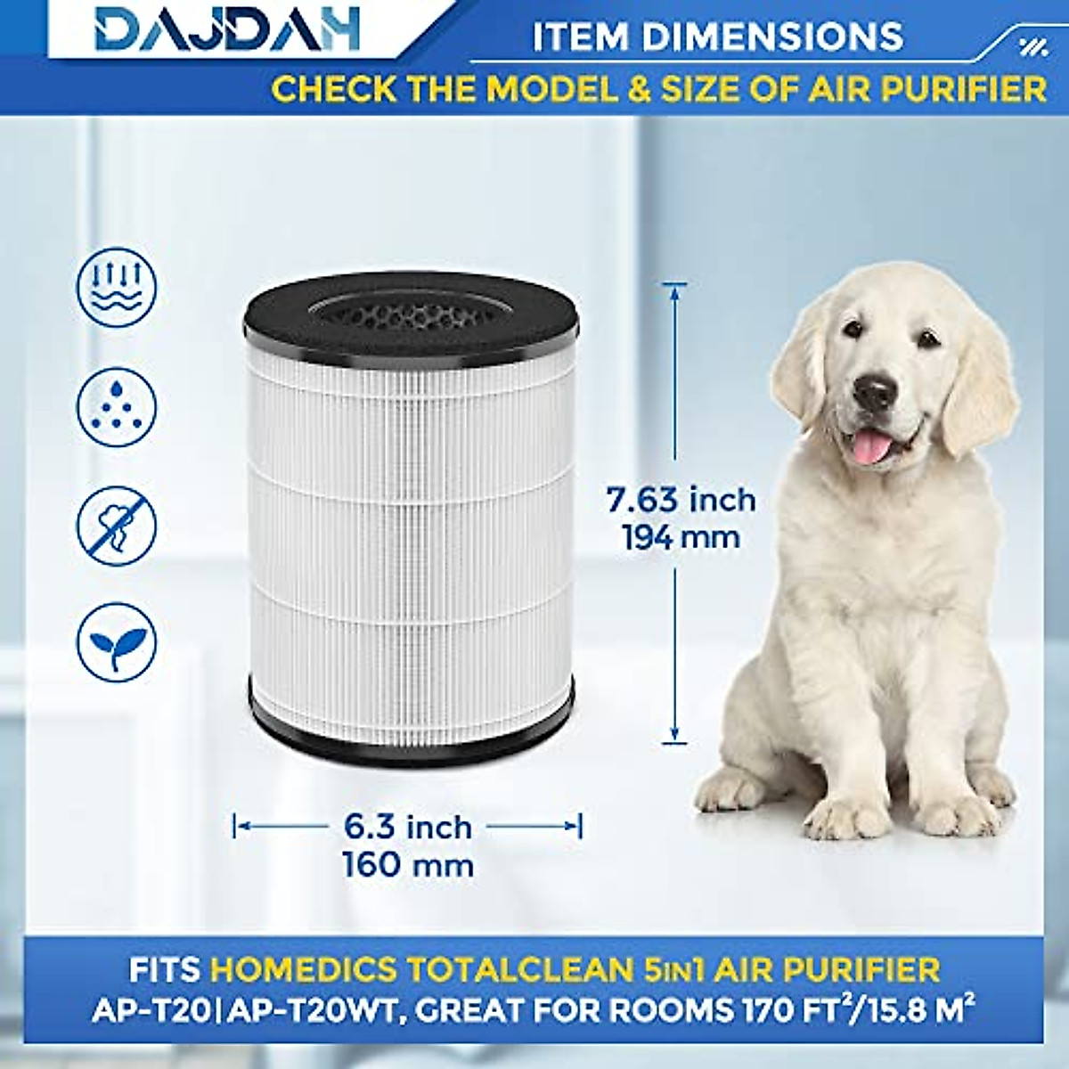 AP-T20 AP-T20FL Replacement Filter Compatible with Homedics Air Purifier Filter Replacement for Homedics Total Clean 3 in 1 Air Purifier Models AP-T20 and AP-T20WT with Higher Grade True HEPA, 1-Pack