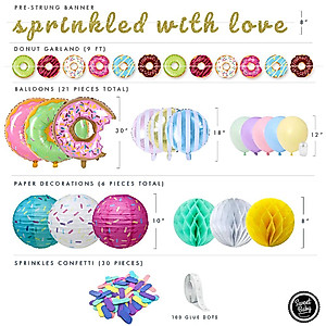 Sweet Baby Co. Donut Sprinkle Baby Shower Decorations Boy or Girl Party Supplies with Sprinkled With Love Gold Banner, Donuts and Candy Stripe Balloons, Backdrop, Garland, Lantern, Honeycomb Balls