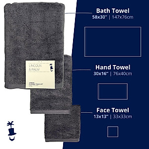 Lincoln & Palm 3 Piece Turkish Towels Set, Thick, Soft, Plush 700 GSM Spa & Hotel Quality, Silver Infused SILVERbac | Bath 58x30, Hand 30x16, Face Wash Cloth 13x13 (3 Piece Towel Set, Charcoal)
