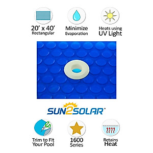 Sun2Solar Blue 20-Foot-by-40-Foot Rectangle Solar Cover Heat Retaining Blanket | 1600 Series with 6-Pack of Grommets Bundle | In-Ground and Above-Ground Rectangular Swimming Pool | Bubble-Side Down