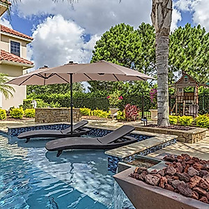 PHI VILLA 15ft Large Patio Umbrella with Solar Lights, Double-Sided Outdoor Market Rectangle Umbrellas with 36 LED Lights, Base (Stand) Included, Beige