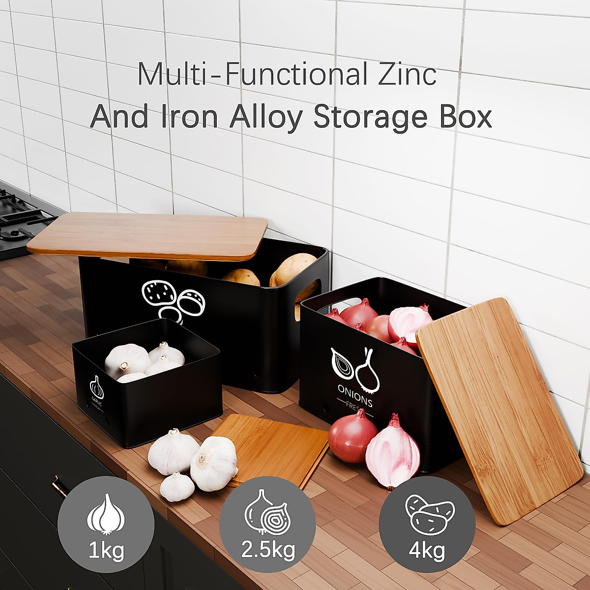 Surmol Potato and Onion Storage Bin,Kitchen Vegetable Storage Tins for Potato Onion & Garlic, Metal 3 Pack Kitchen Organizers and Storage With Aerating Holes and Wooden Lid (Black), 41545