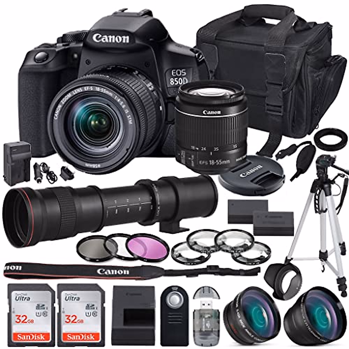 Canon EOS 850D (Rebel T8i) DSLR Camera with 18-55mm Lens Bundle + 420-800mm MF Zoom Lens + 2X 32GB Sandisk Memory + Accessory Bundle Including Auxiliary Lenses, Tripod, Camera case & More (Renewed)