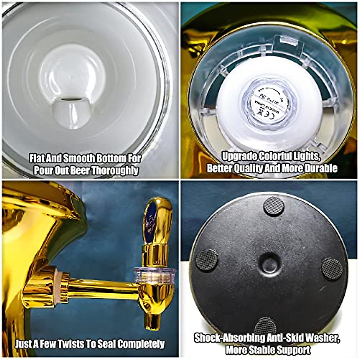 Drink Tower Dispenser with Ice Tube and LED Light - 3.2 Qt./3 L, Margarita Mimosa Tower Drink Dispenser with Tap, Freeze Tube Keep Beverages Cold, Perfect for Party Bar Gameday(Gold)