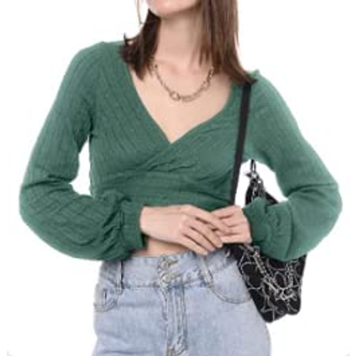 ZAFUL Women V Neck Satin Pleated Top Lantern Sleeve Drawstring Ruched Tunic Shirt Slim Crop Blouse