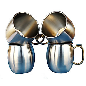 Rastogi Handicrafts Set of-4, Stainless Steel Moscow Mule Mugs Capacity-16 oz,Thumb brass handle Cold Coffee Mug/Beer Mug/Cup, Moscow Mule Mugs For Cold Drink Only