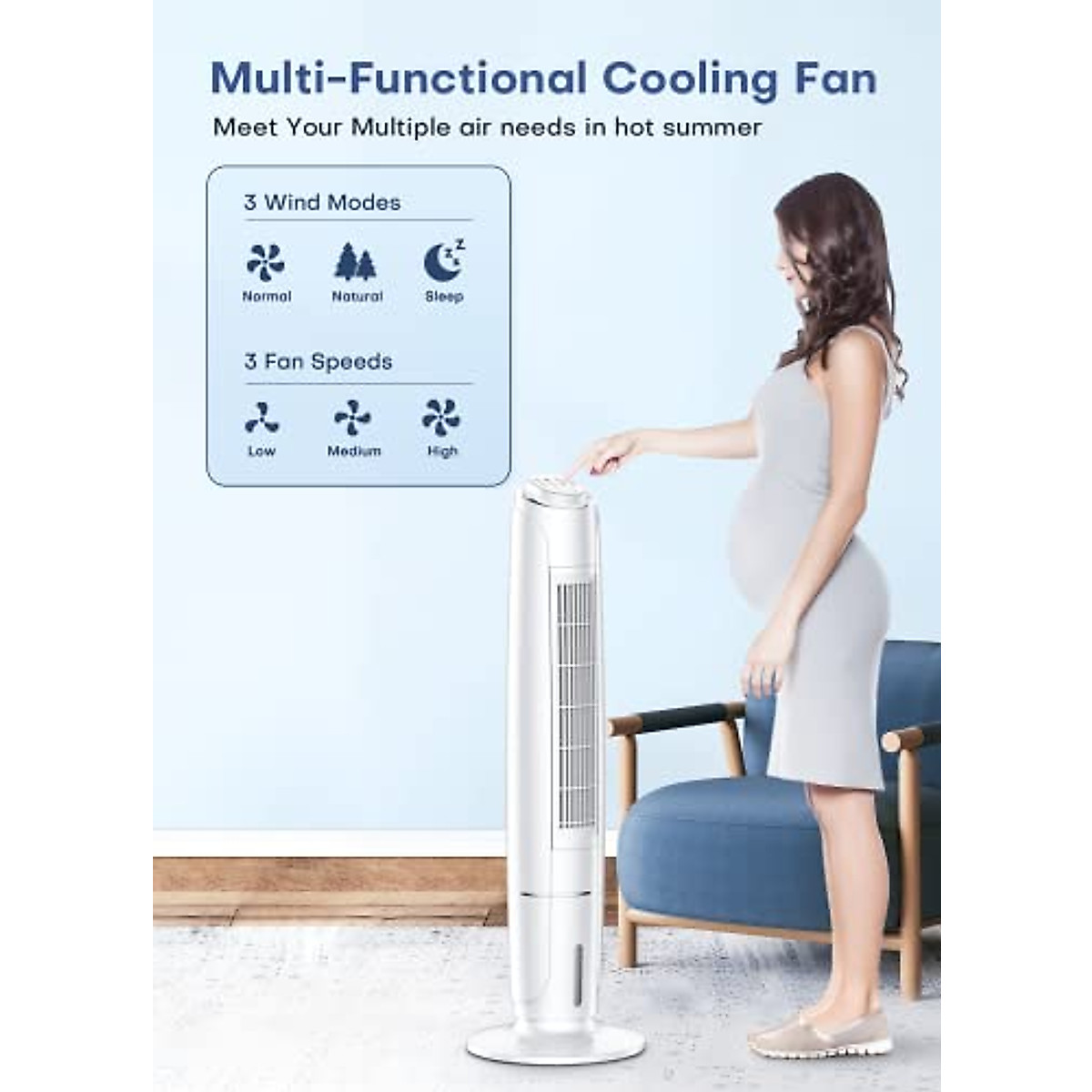 43-INCH Air Conditioner Portable for Room, BREEZEWELL Evaporative Air Cooler, 60° Oscillating Cooling Fan w/Remote, 12H Timer, 3 Speeds, 4 Ice Packs, Windowless Swamp Cooler for Bedroom Home Office