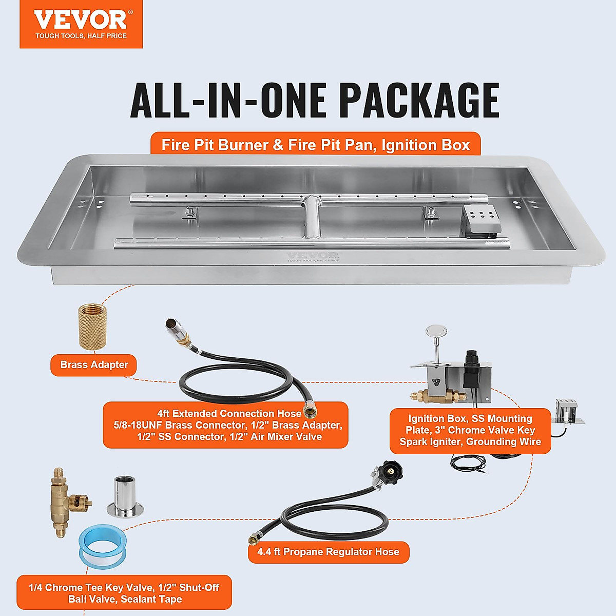 VEVOR 30 x 10 inch Drop-in Fire Pit Pan, Rectangular Stainless Steel Fire Pit Burner Kit,Propane Gas Fire Pan 125,000 BTU with H-Burner for Indoor or Outdoor Use