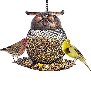 Cinlitek Outdoor Garden Wild Bird Feeder Hanging Bird Feeders, Heavy Duty Copper Metal Mesh Wild Finch Bird Feeder for Outside with Hook for Garden Yard Decor, Owl Shaped