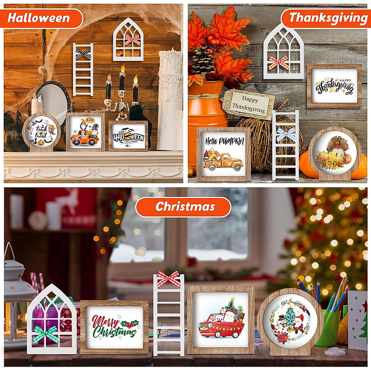 Bencailor 48 Pcs Interchangeable Seasonal Farmhouse Tiered Tray Decor Set Include Wood Frames with Ladders Cards Bow Knot,Tray Not Included(Year Round Seasonal)